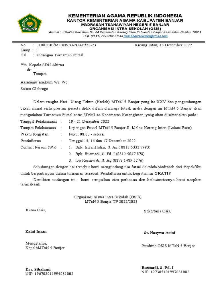 Contoh Surat Undangan Turnamen Futsal Antar SD | PDF