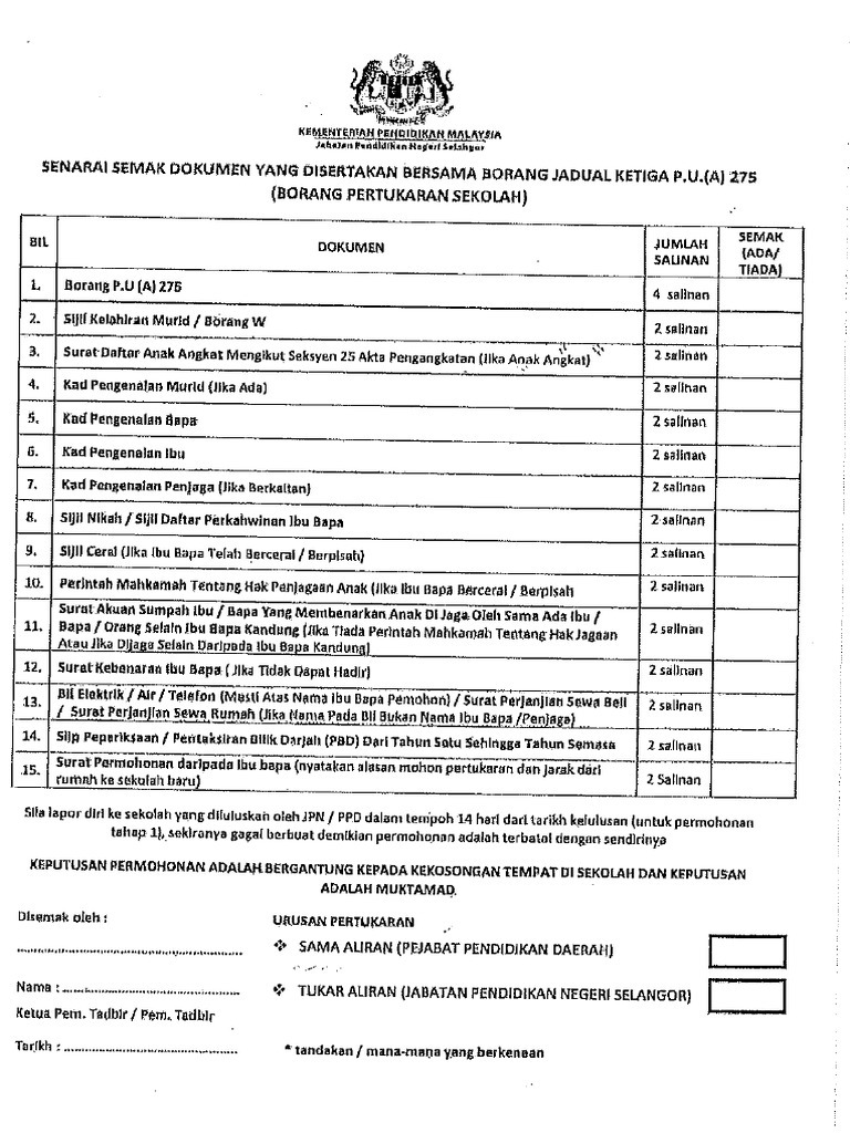 Senarai Semak PUA275 Dari Sekolah Kerajaan | PDF