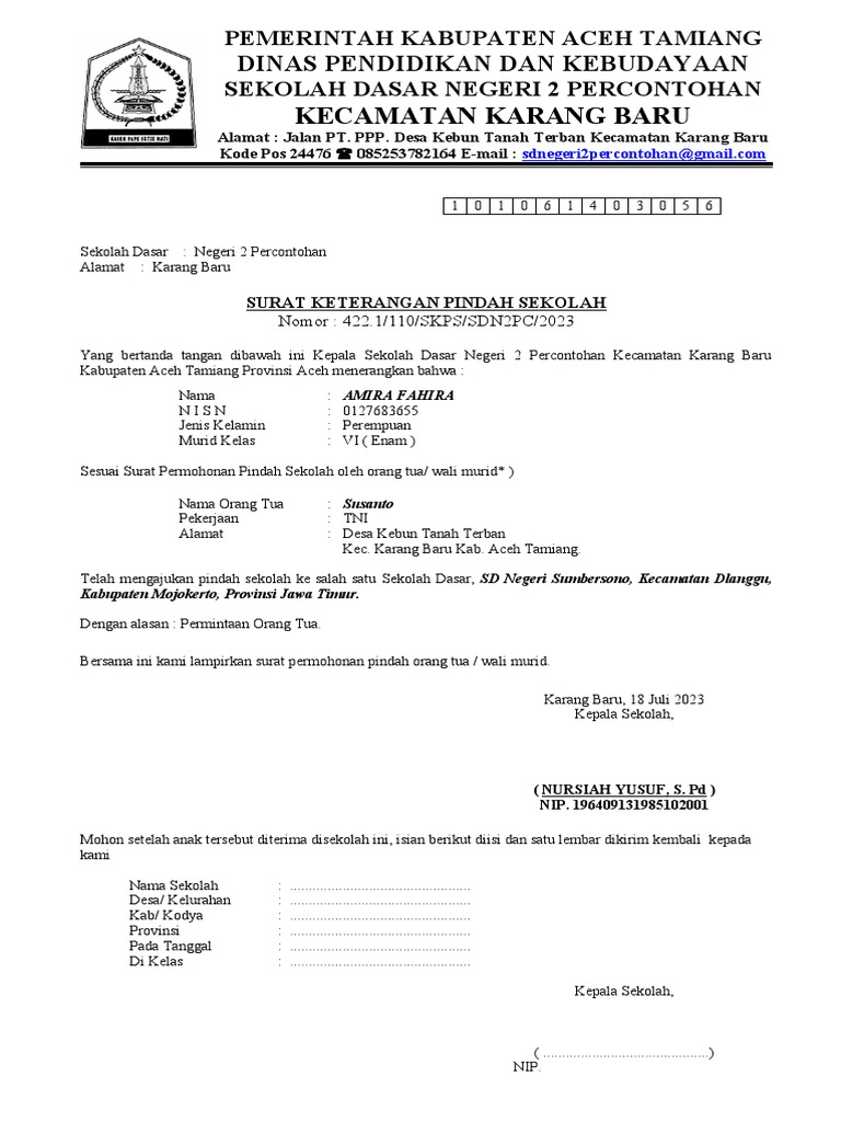 Surat Keterangan Pindah Siswa | PDF