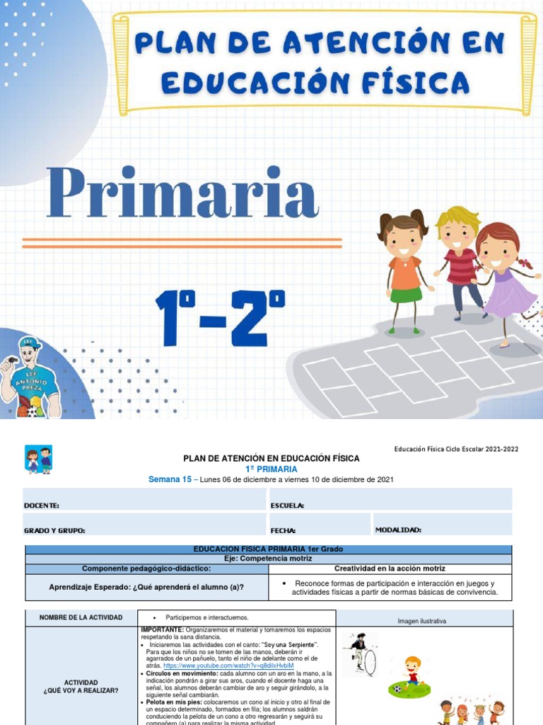 Planeación EF Primaria 1º y 2º Sem. 15-Mtro. Antonio Preza | PDF | Educación primaria