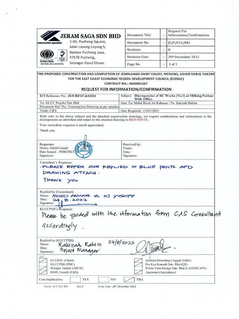 JDV RFI 024 C&S - Discrepancies RC Works No.1 at MPWO | PDF