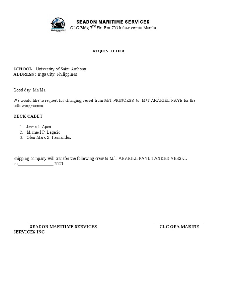 Request for Vessel Change to Arariel Faye | PDF