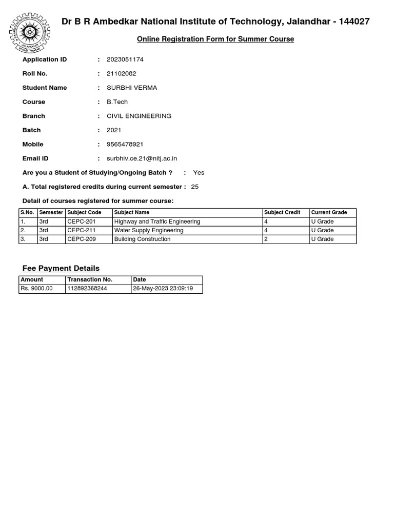Summer Course Registration Form | PDF