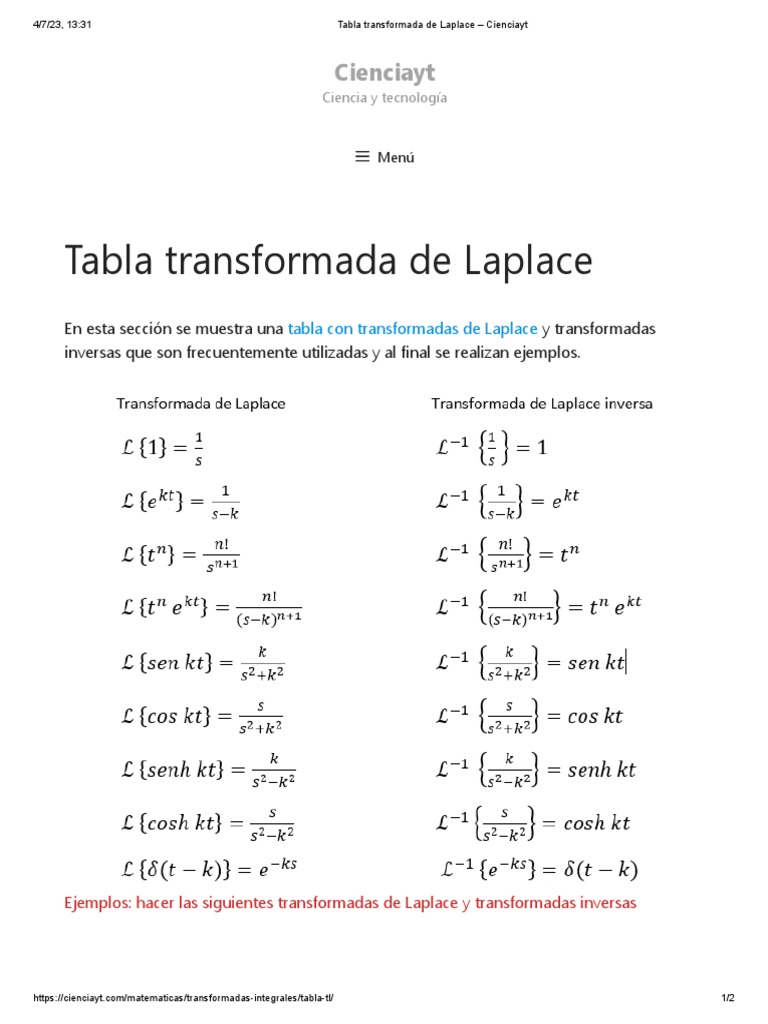 Tabla Transformada de Laplace - Cienciayt | PDF