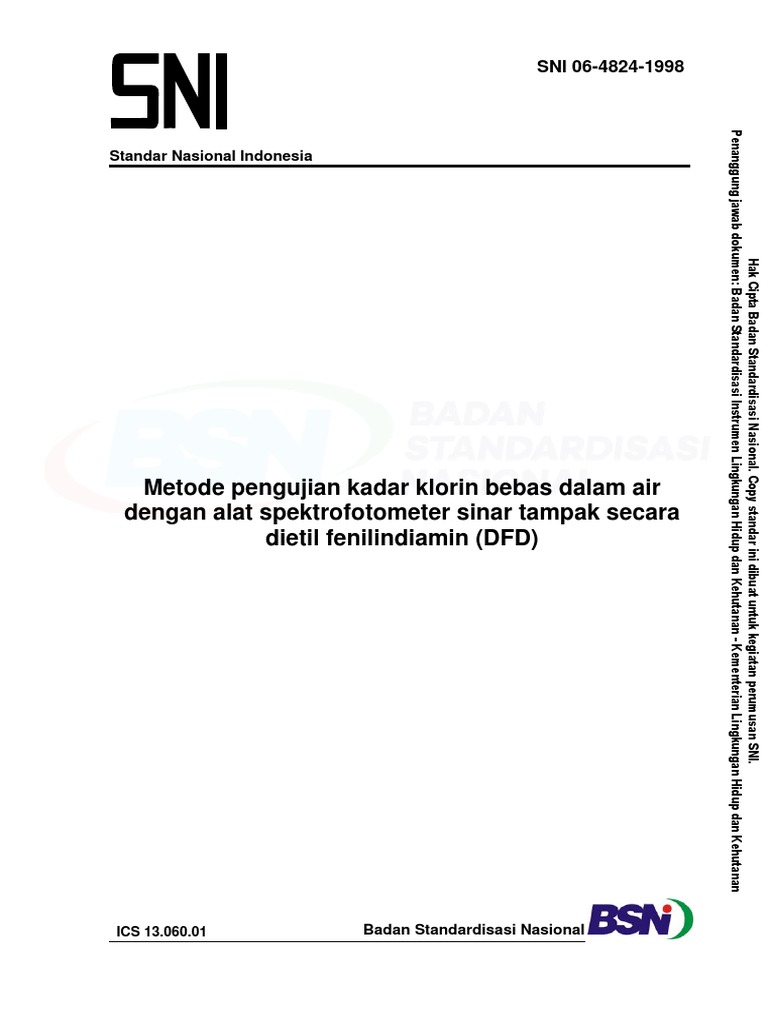 SNI 06 4824 1998 Metode Pengujian Kadar Klorin Bebas Dalam Air Dengan ...