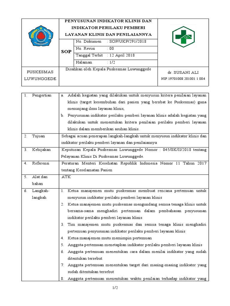 9.1.2.3 Sop Penyusunan Indikator Klinis Dan Indikator Perilaku Pemberi ...