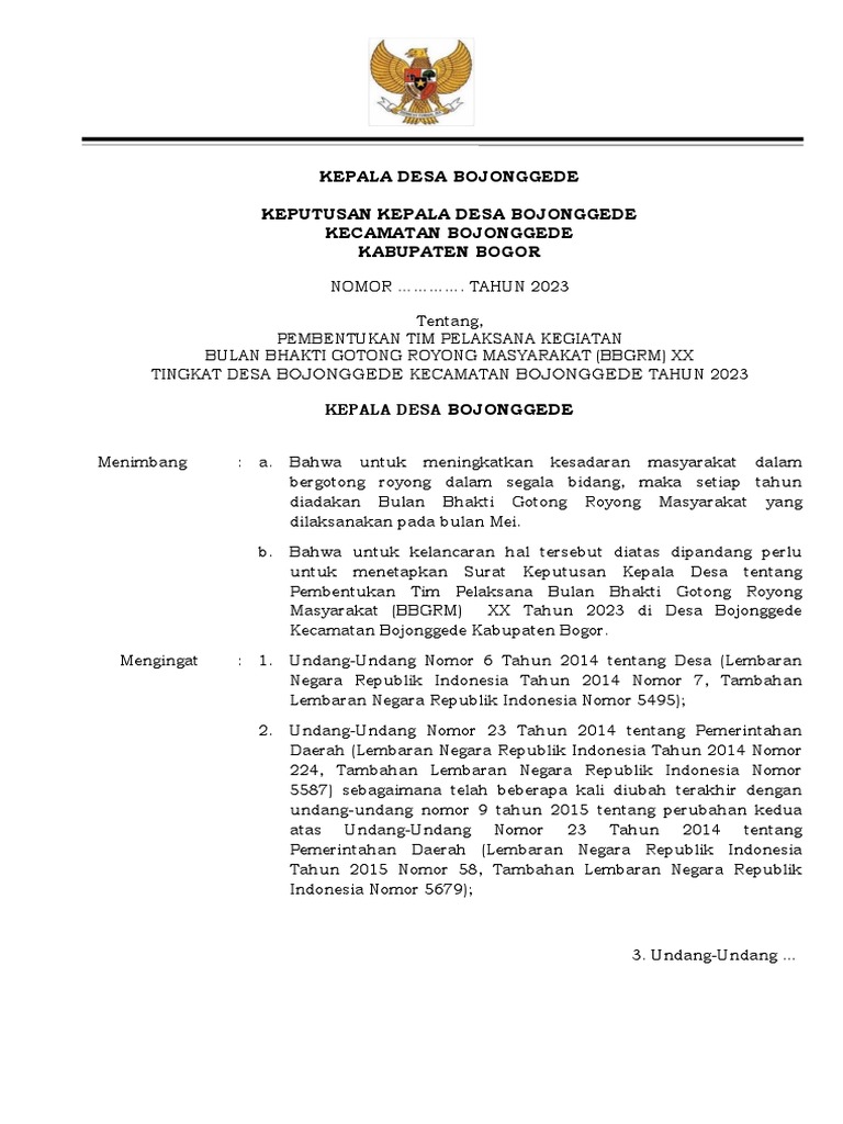SK Tim Pelkasana BBGRM Desa Bojonggede Tahun 2023 | PDF