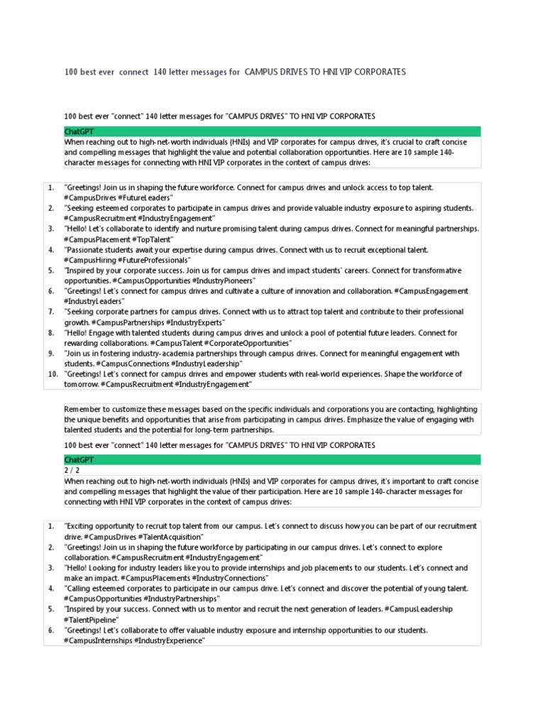 100 Best Ever Connect 140 Letter Messages For CAMPUS DRIVES TO HNI VIP ...