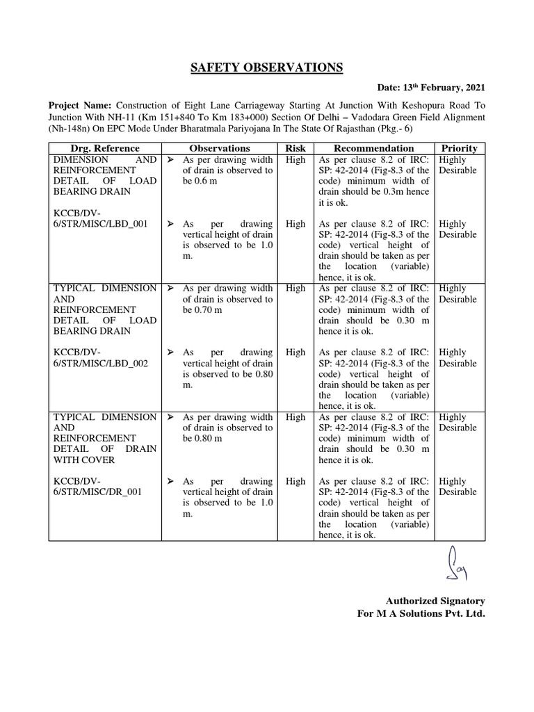 Safety Observations For Drain P6 | PDF | Road Transport | Transport ...