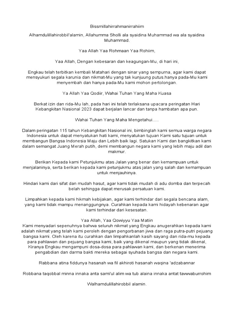 Teks Doa Upacara HARKITNAS 2023 Kantah SBS | PDF