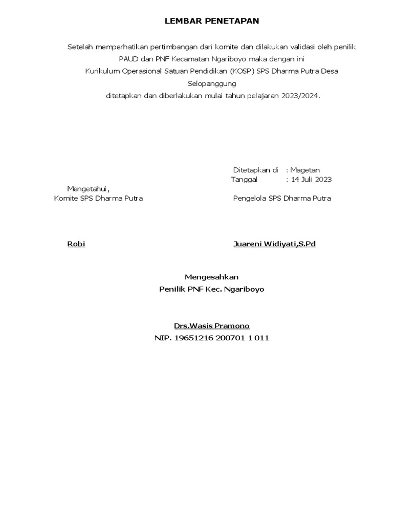 Lembar Pengesahan KOSP DP | PDF