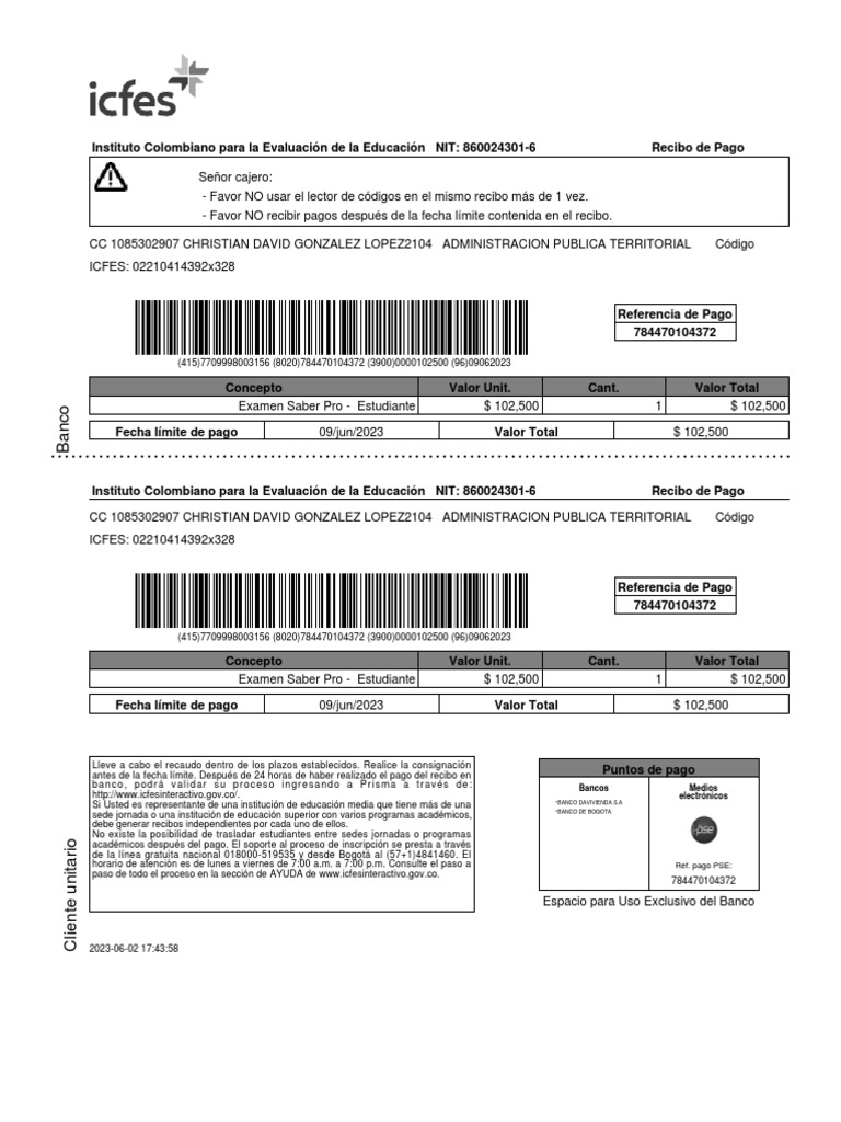 Recibo de Pago Examen Saber Pro ICFES | PDF