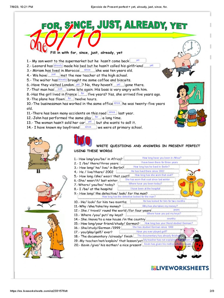 Ejercicio de Present Perfect + Yet, Already, Just, Since, For | PDF