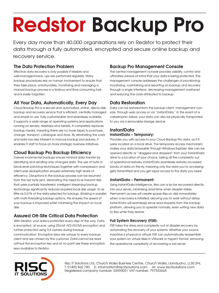 Redstor Cloud Backup Pro Overview | PDF | Backup | Cloud Computing