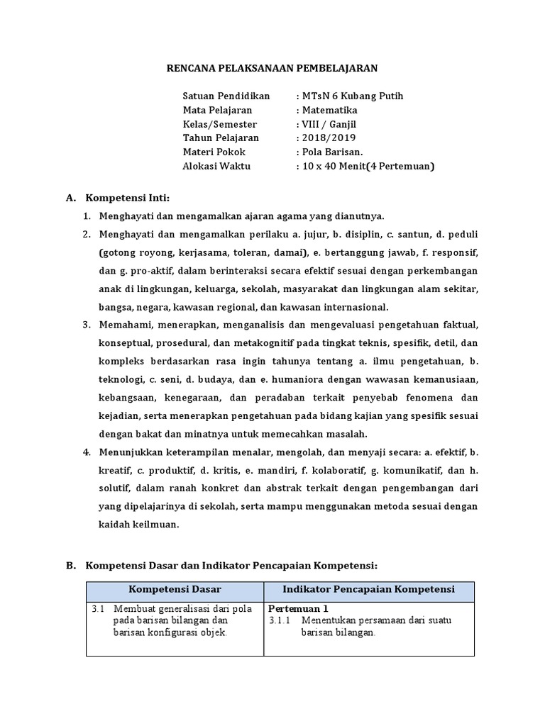 RPP KD 3.1 Pola Bilangan | PDF