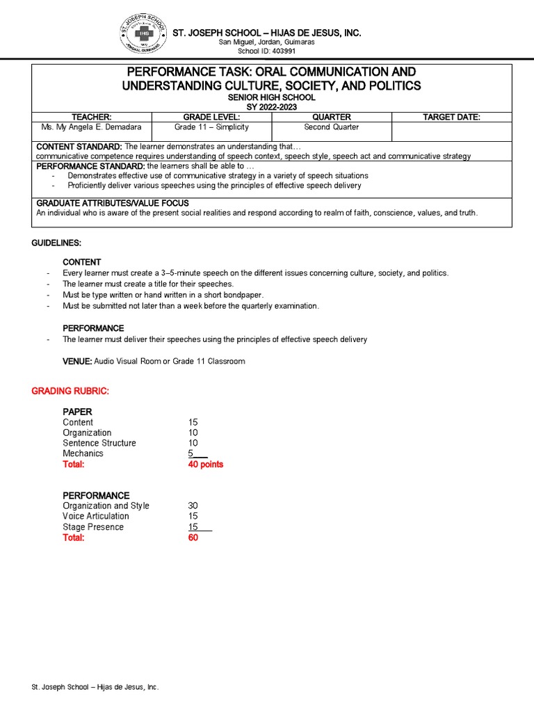 Grade 11 Oral Communication Task | PDF