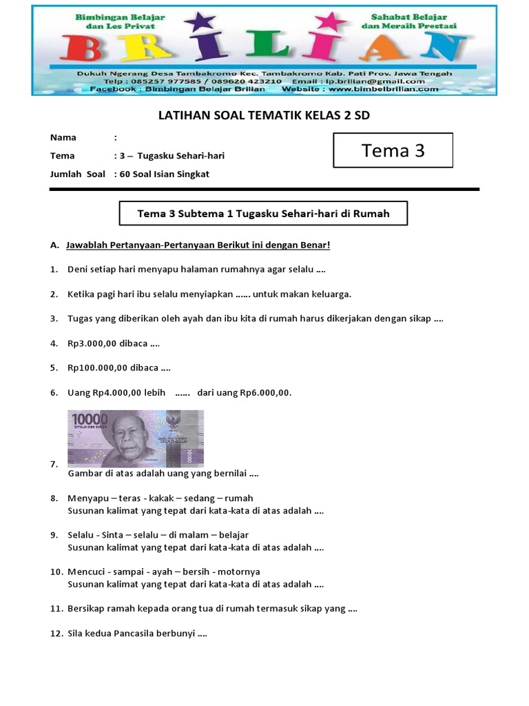 Soal Isian Singkat Kelas 2 SD Tema 3 Tugasku Sehari-Hari | PDF