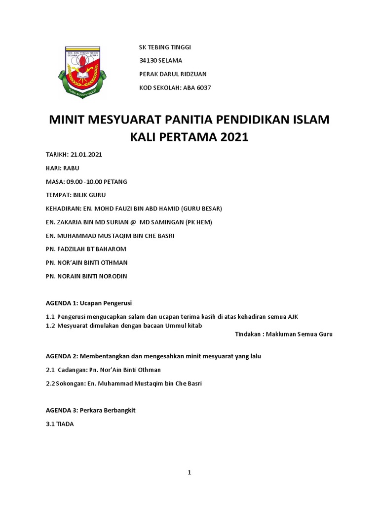Minit Mesyuarat Panitia Pendidikan Islam Kali Pertama 2021 11.10.2021 | PDF