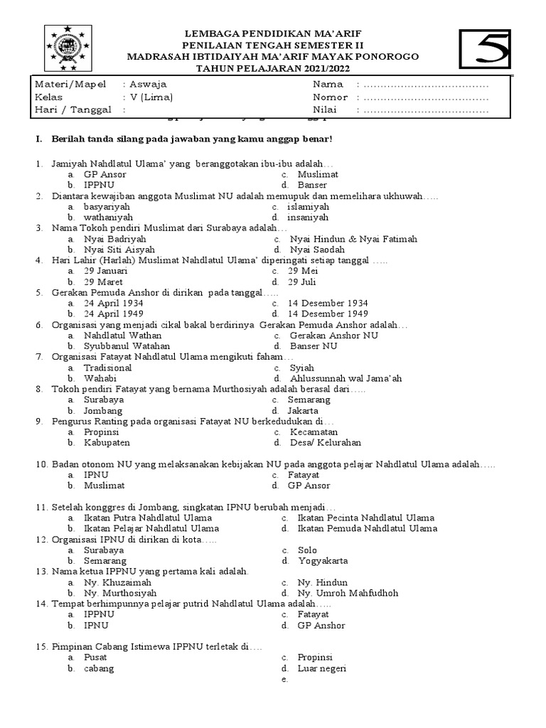 SOAL PTS Aswaja 5 Genap | PDF