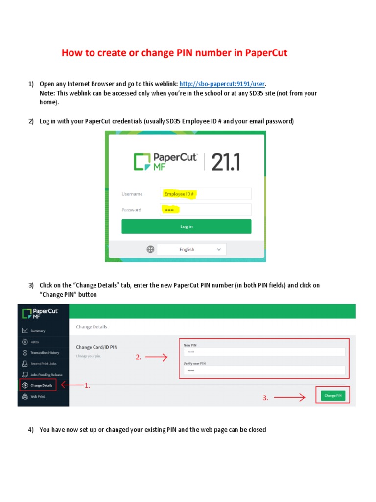 How To Create or Change PIN in PaperCut | PDF