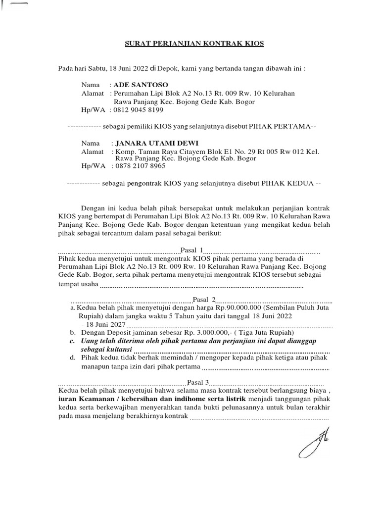 Surat Perjanjian Kontrak Kios | PDF | Hukum