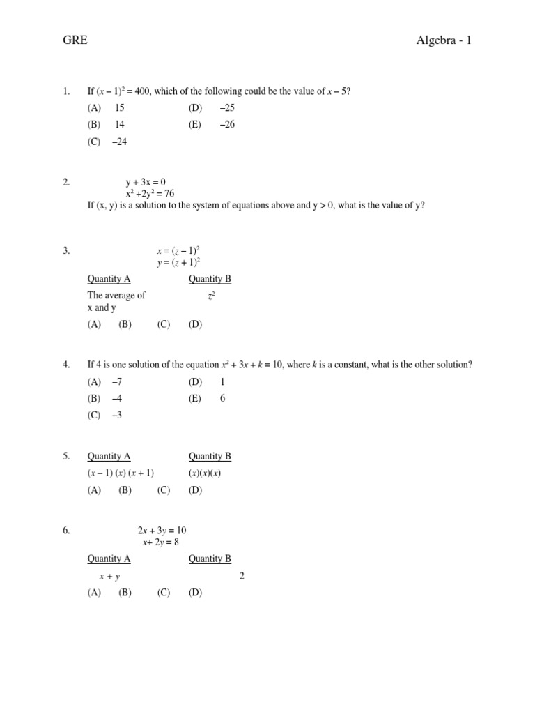 GRE Algebra - 1 | PDF | Mathematics