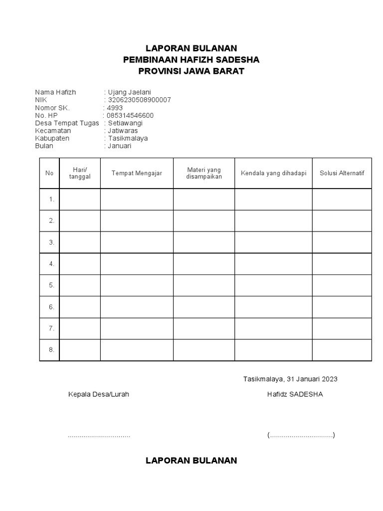 Format - Laporan - Bulanan Tahfidz | PDF