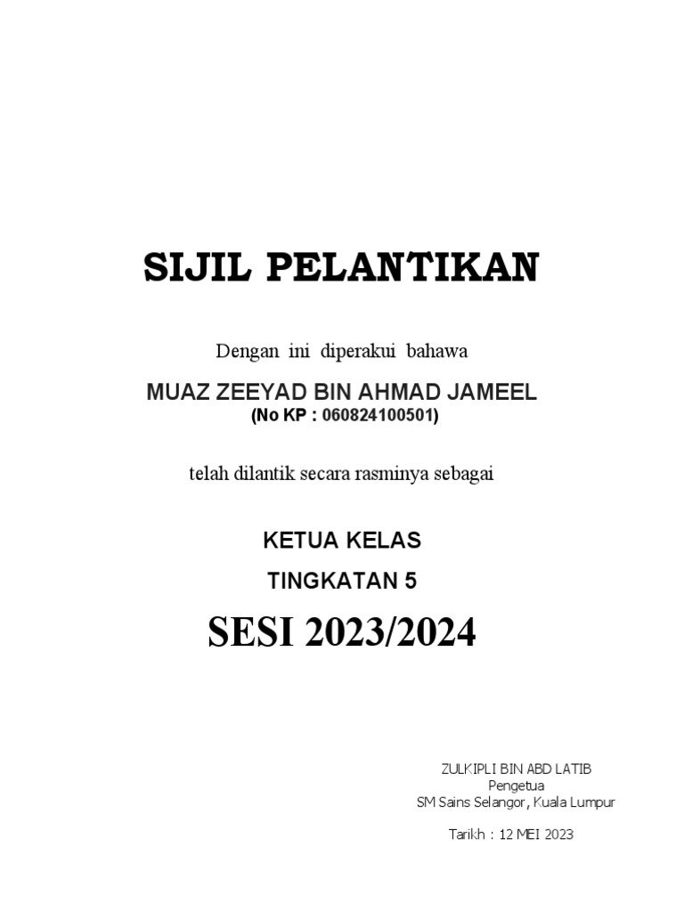 Template Sijil Ketua Kelas | PDF