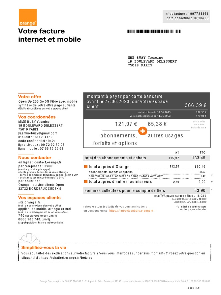 Facture 16-06-2023 Orange | PDF