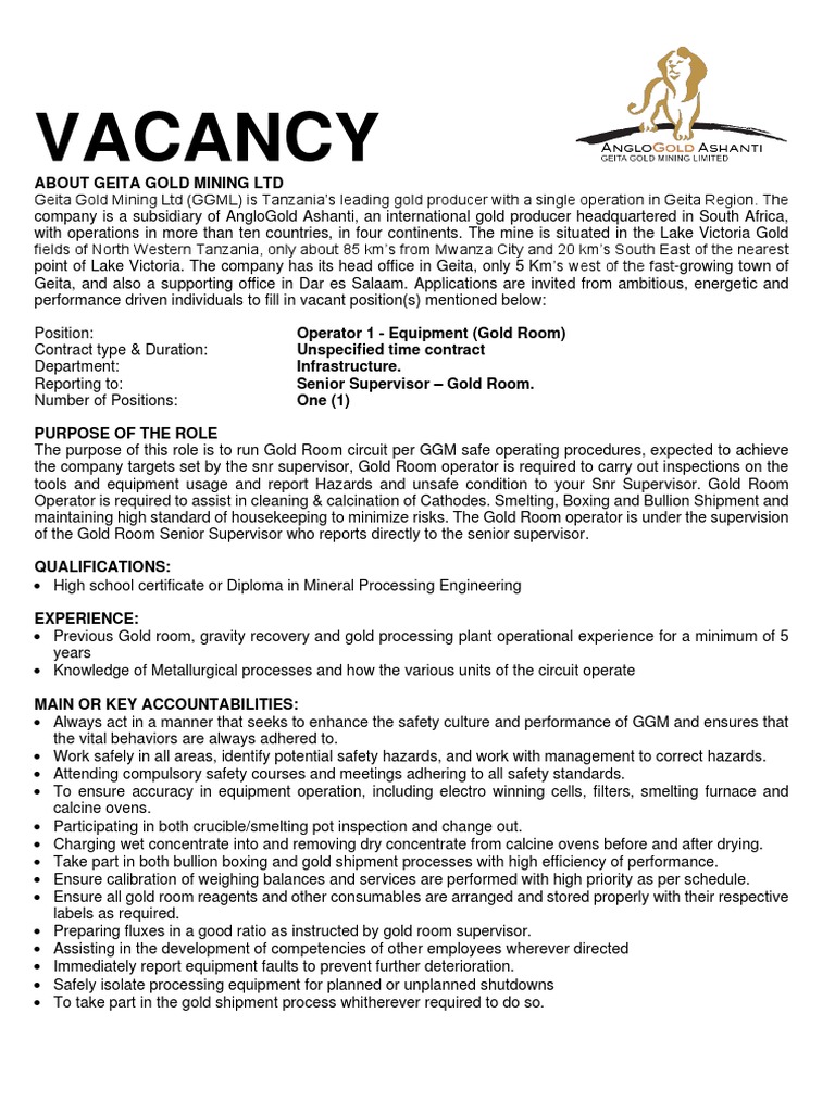 Gold Room Operator Vacancy at GGML | PDF