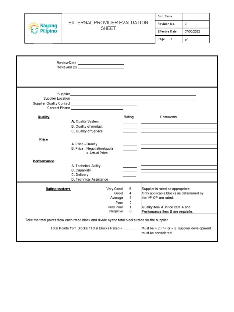 External Provider Evaluation Sheet | PDF