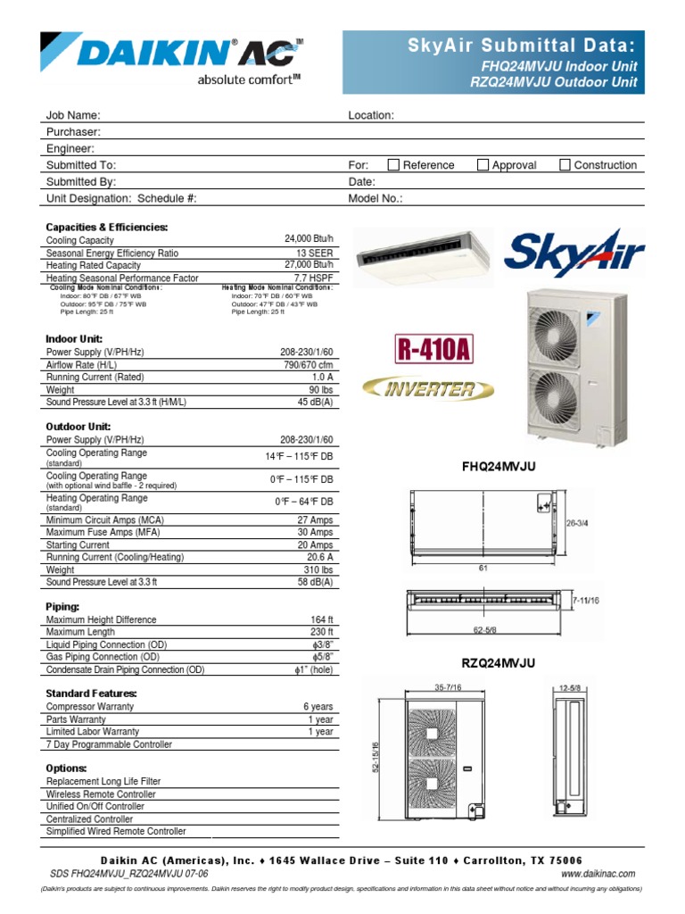 Submittal FHQ24MVJU_RZQ24MVJU 07-06 - Daikin | PDF | Manufactured Goods ...