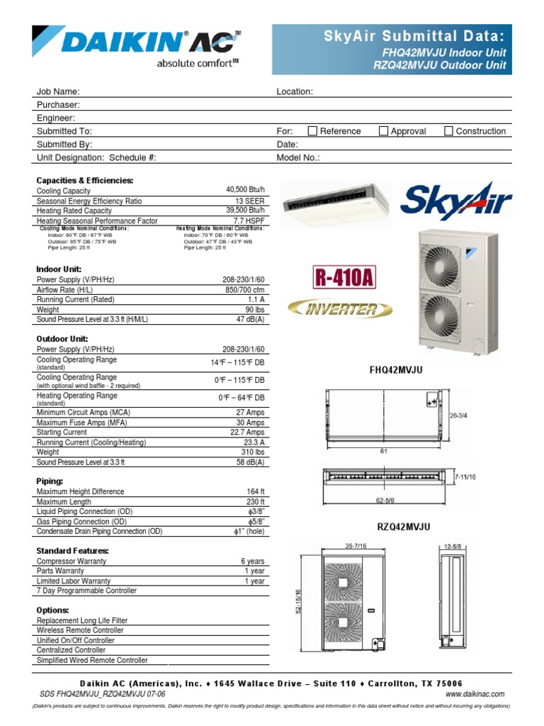 Daikin FHQ42MVJU/RZQ42MVJU Specs | PDF | Building Automation | Energy ...