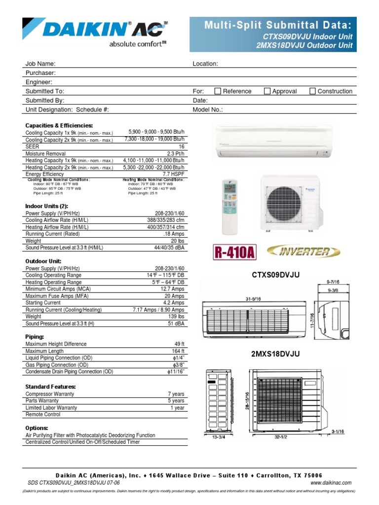 Submittal CTXS09DVJU - 2MXS18DVJU 07-06 - Daikin | PDF | Air Conditioning | Physical Sciences