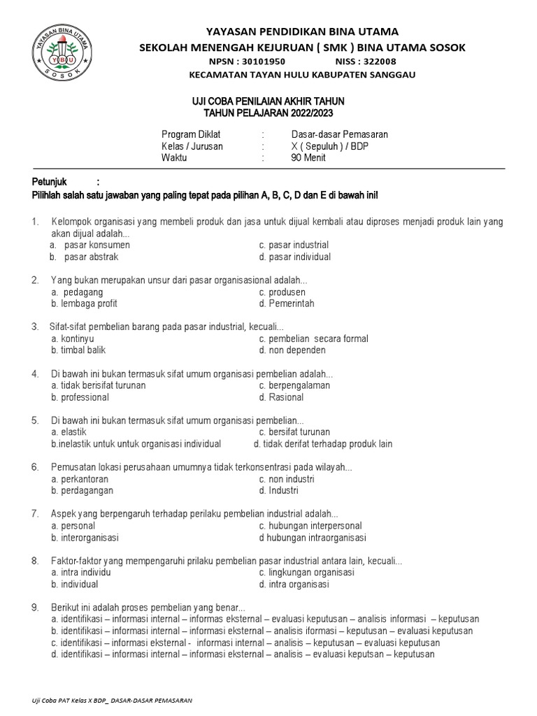 Soal Uji Coba Pat Kelas X BDP - Dasar Kejuruan | PDF