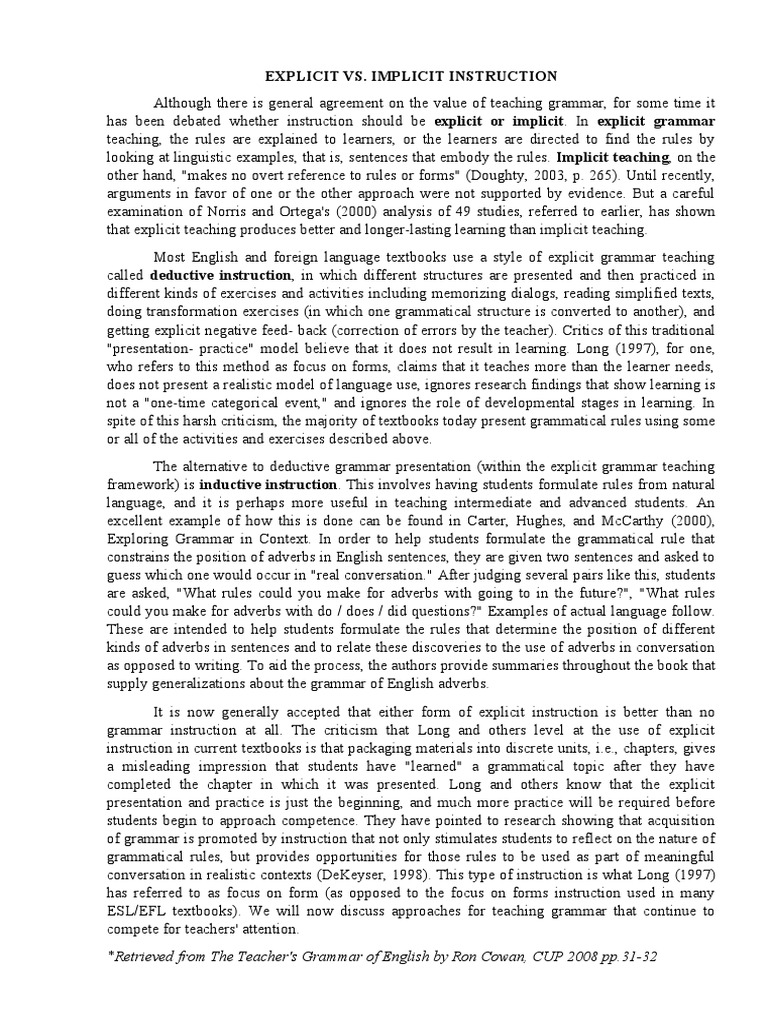 Expicit and Implicit Instructions in Teaching Grammar | PDF