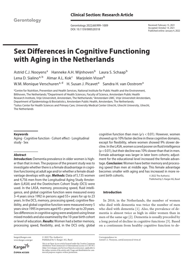 Sex Differences In Cognitive Functioning With Aging In The Netherlands Pdf Cognition