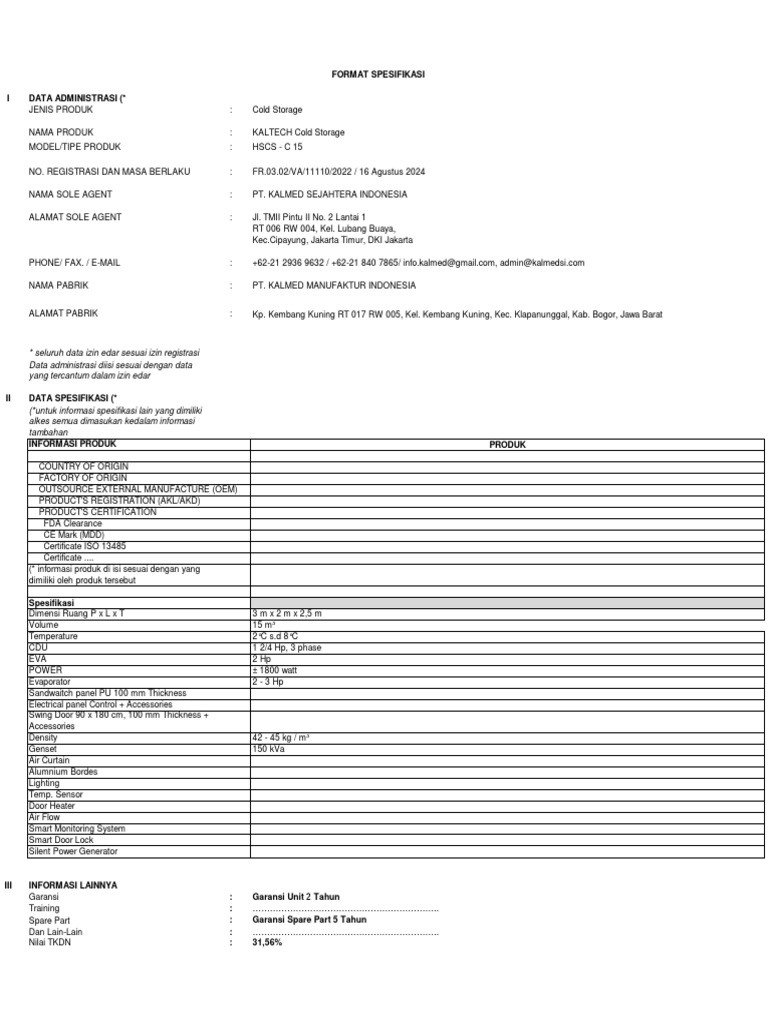 Spesifikasi Cold Storage | PDF
