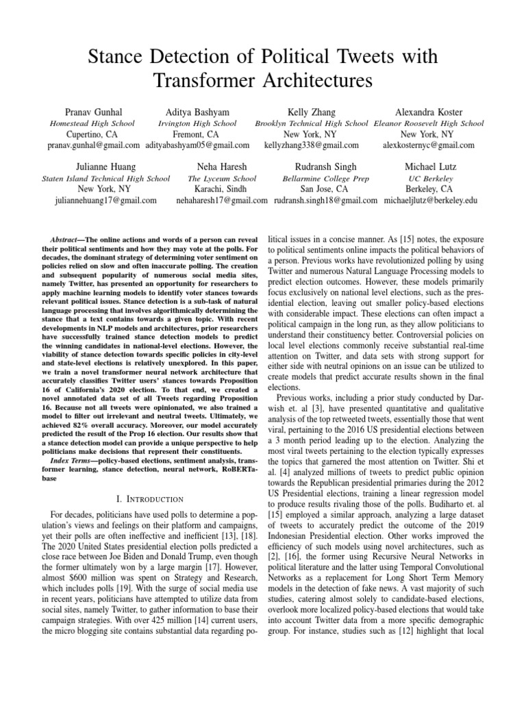 Stance Detection of Political Tweets With Transformer Architectures | PDF | Accuracy And ...