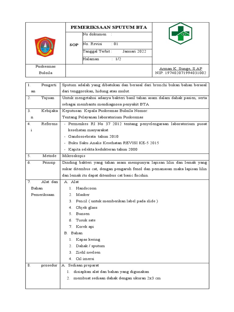 SOP Pemeriksaan BTA | PDF