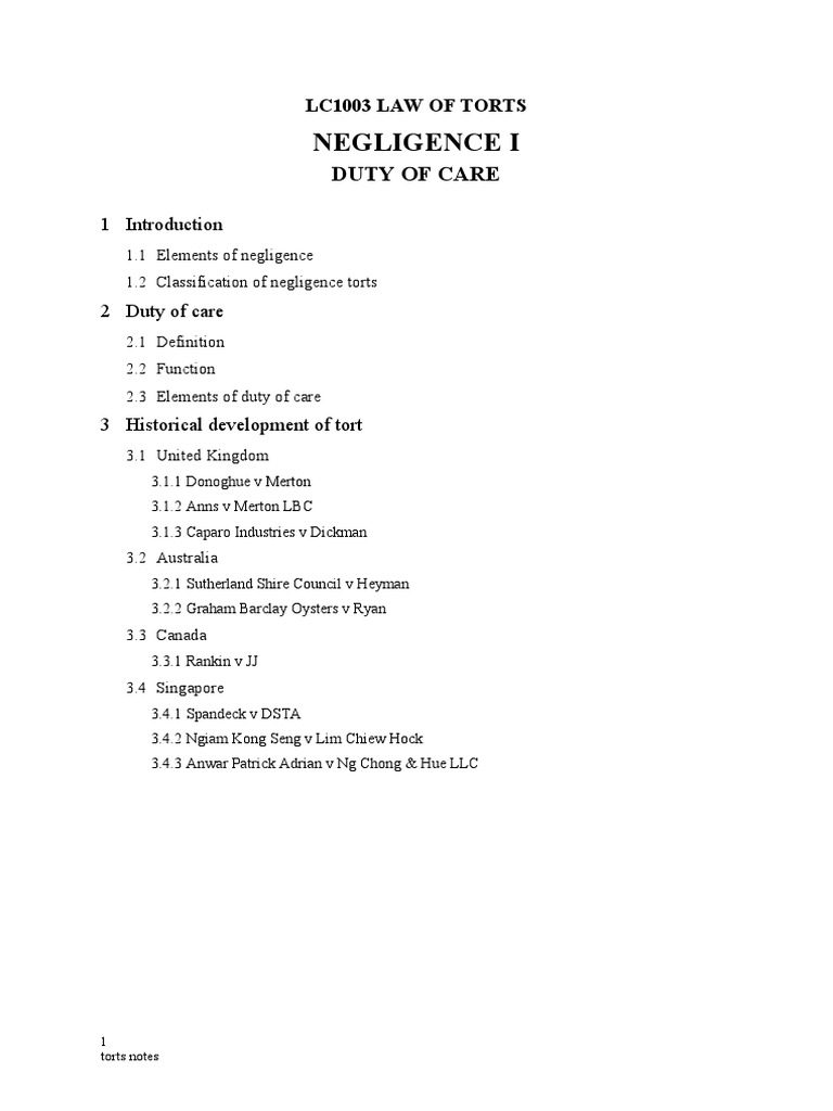 Torts 02 Negligence I - Duty of Care | PDF | Negligence | Tort