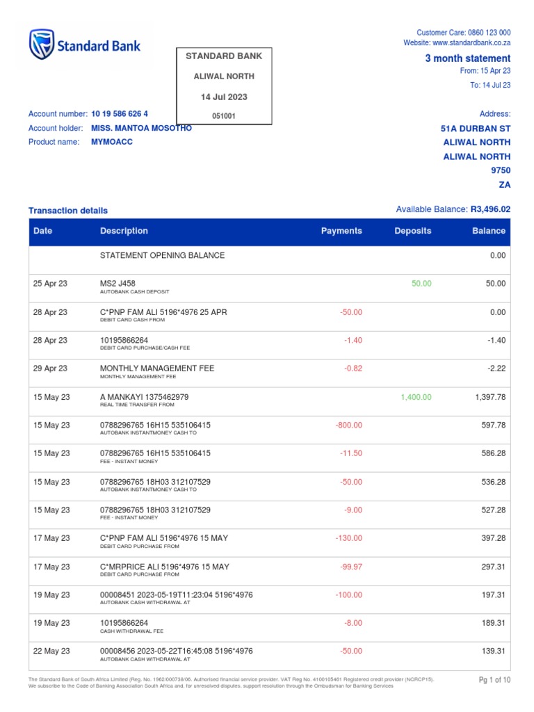 Standard Bank 3-Month Statement Summary | PDF | Debit Card | Deposit ...