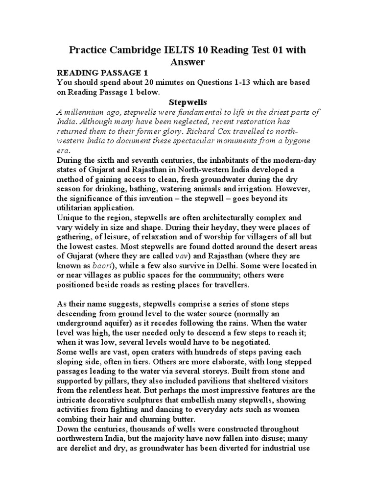 Practice Cambridge IELTS 10 Reading Test 01 With A | PDF