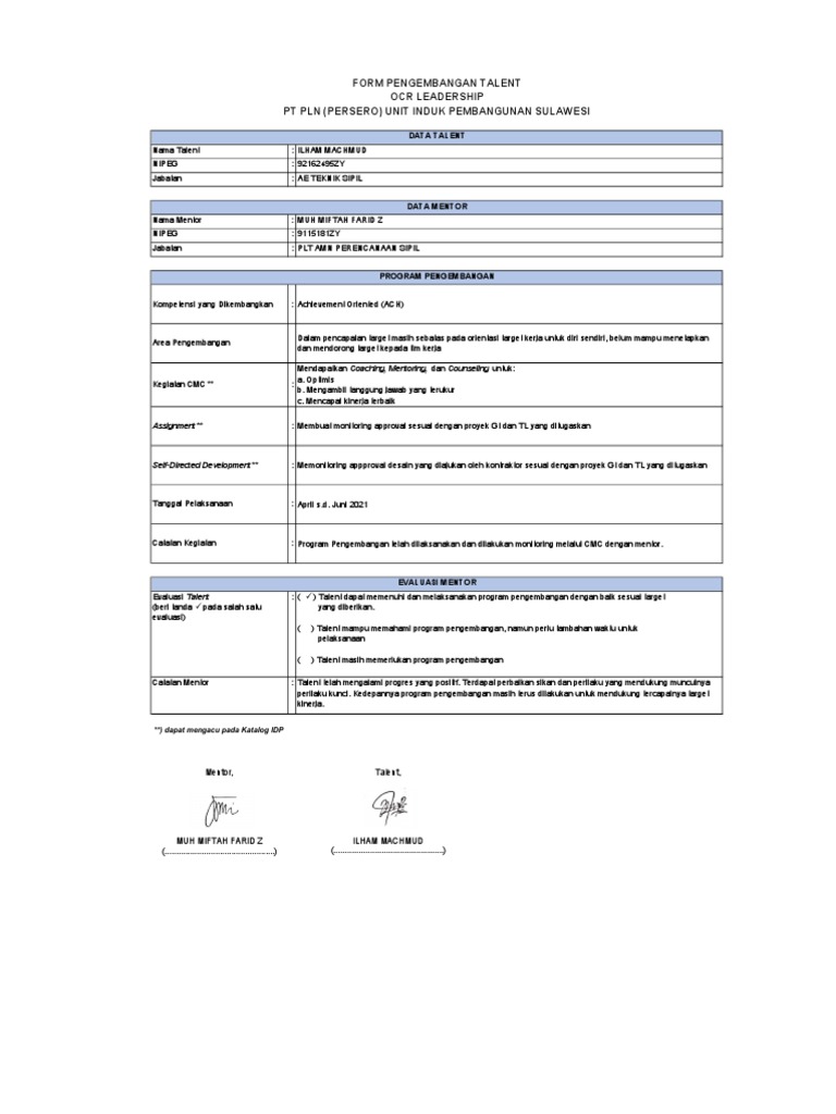 Form Pengembangan Talent Ocr Leadership PT PLN (Persero) Unit Induk Pembangunan Sulawesi | PDF