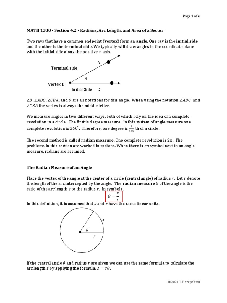 MATH 1330 - Section 4.2 - Radians, Arc Length, and Area of A Sector ...