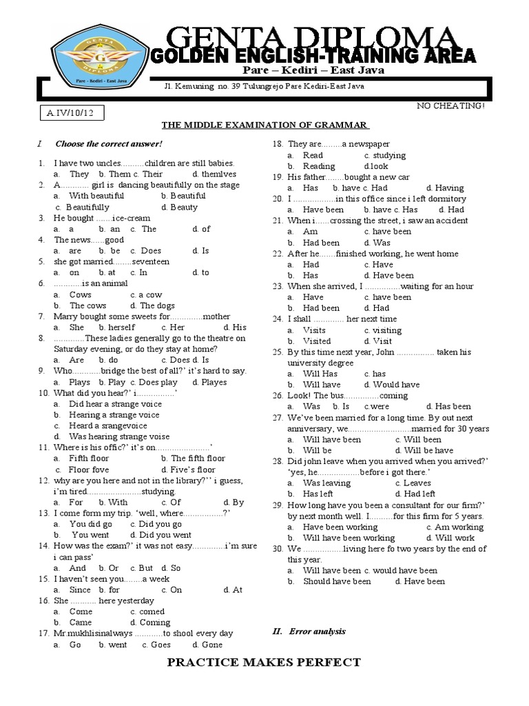 Grammar Middle Exam Questions | PDF | Language Arts & Discipline