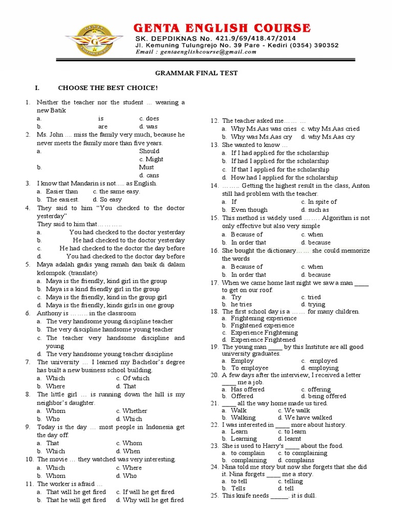 Intermediate Grammar Final Test | PDF