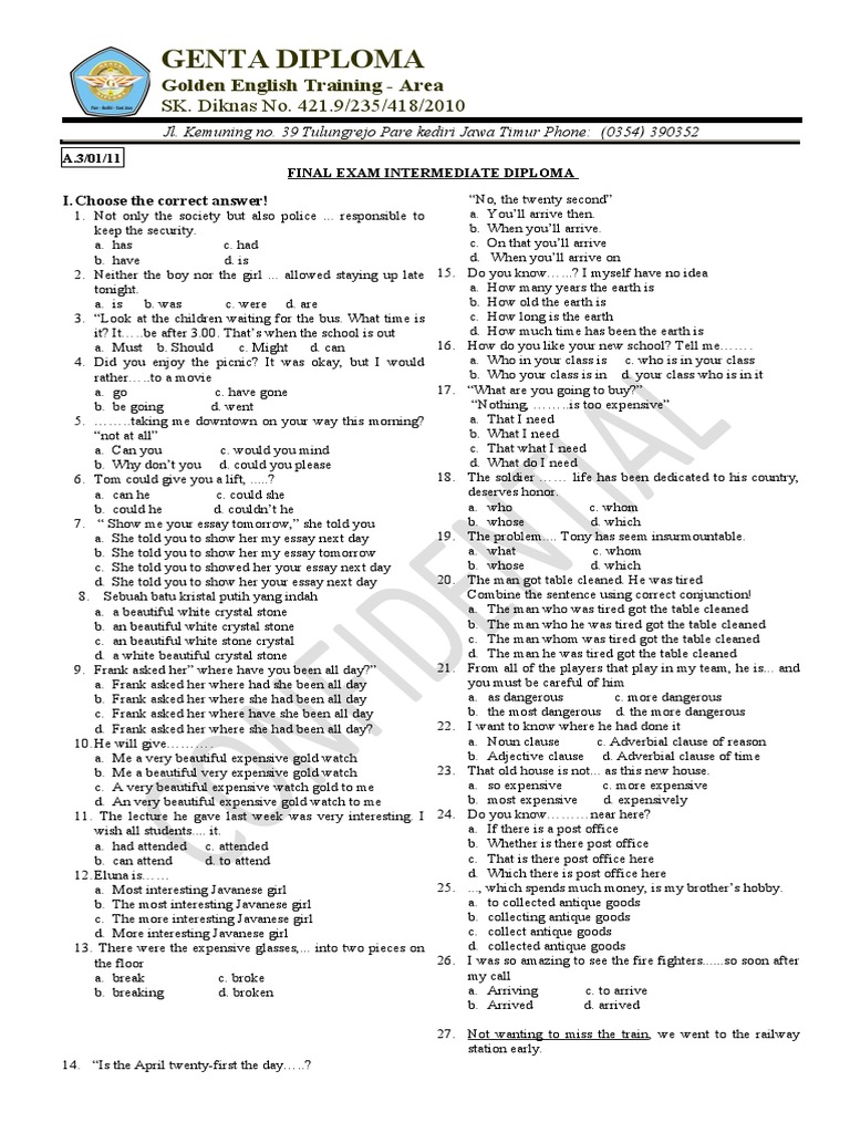 Final Exam Intrmdiate | PDF | Linguistics | Syntax
