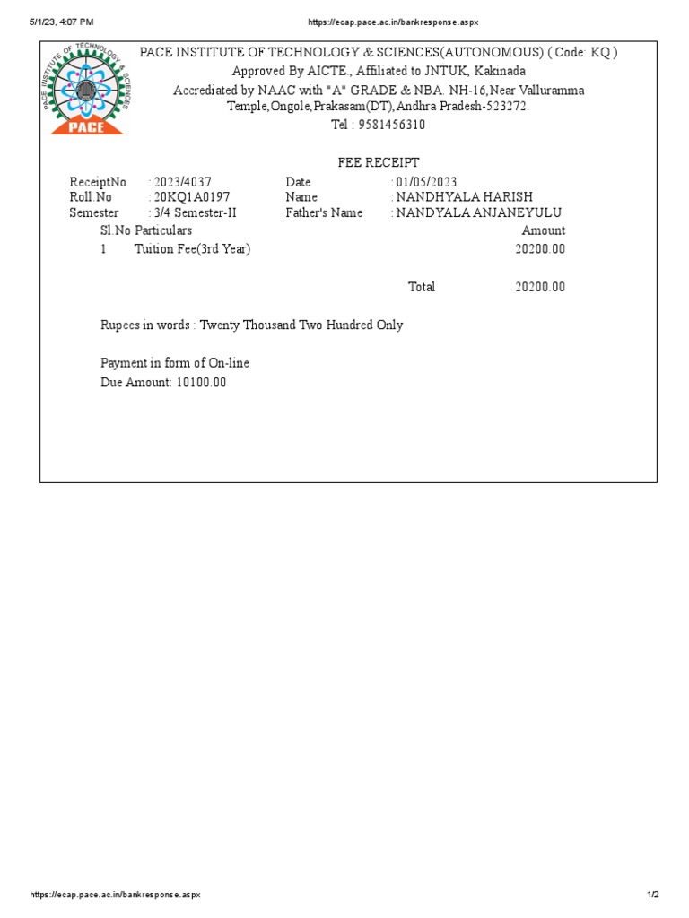PACE Institute Fee Receipt for Semester II | PDF