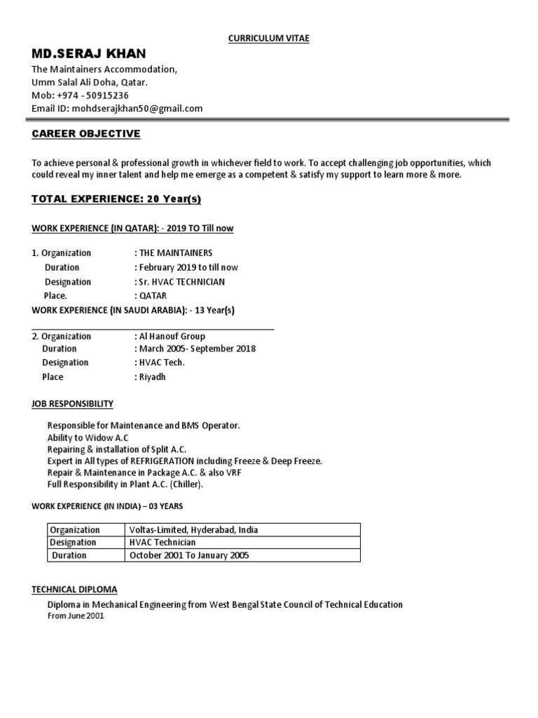 Seraj CV SR HVAC TECHNICIAN | PDF | Qatar | Asia